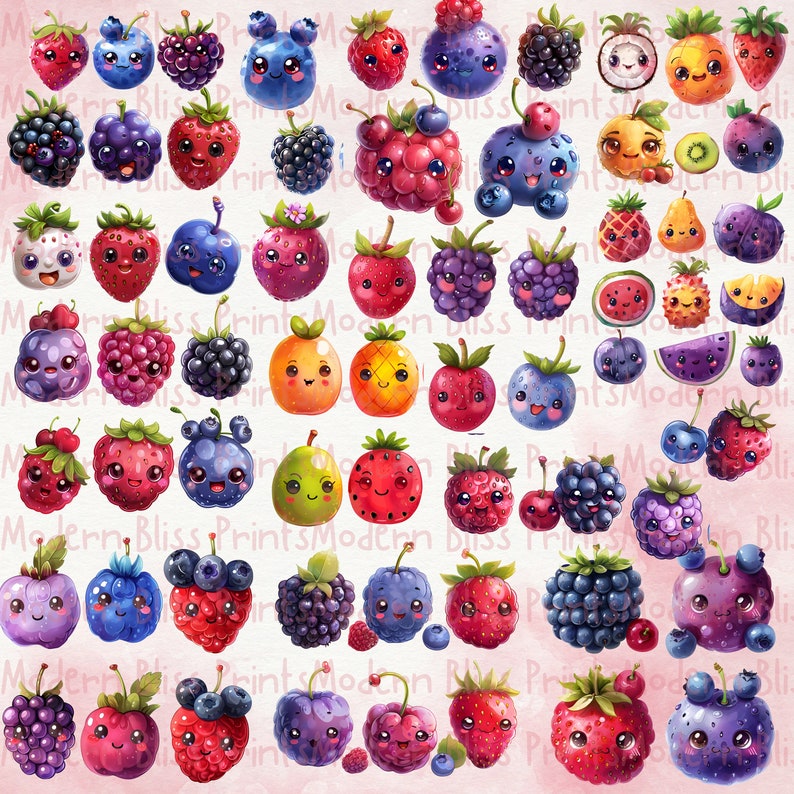 Kawaii Fruit Clipart Bundle, Fruit PNG Bundle of 242, Kawaii Fruit ...