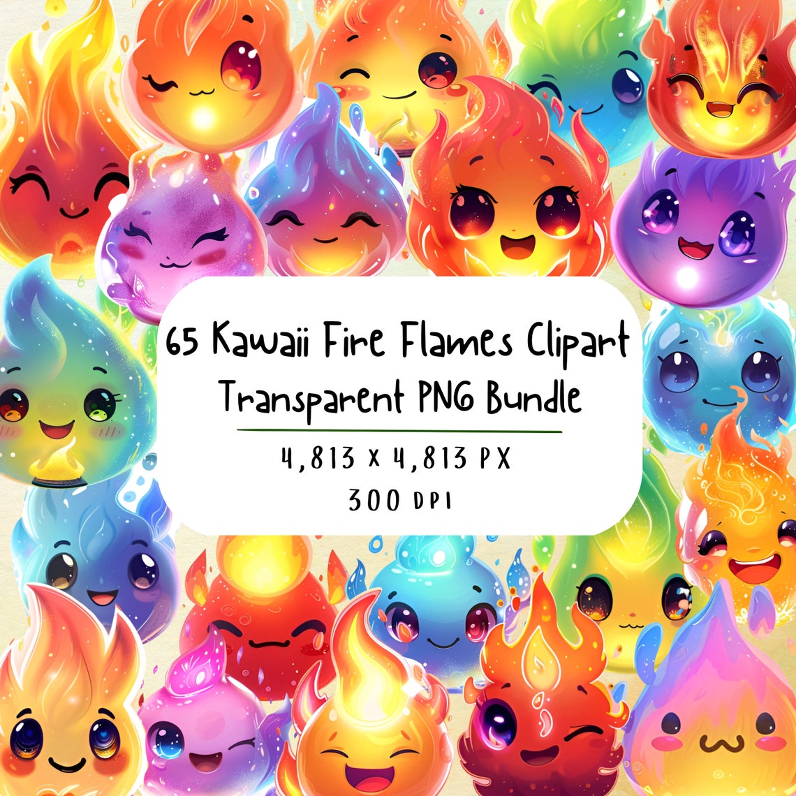 Fire Clipart Bundle of 65, Cute Kawaii Fire Png, Flame Clipart Bundle ...