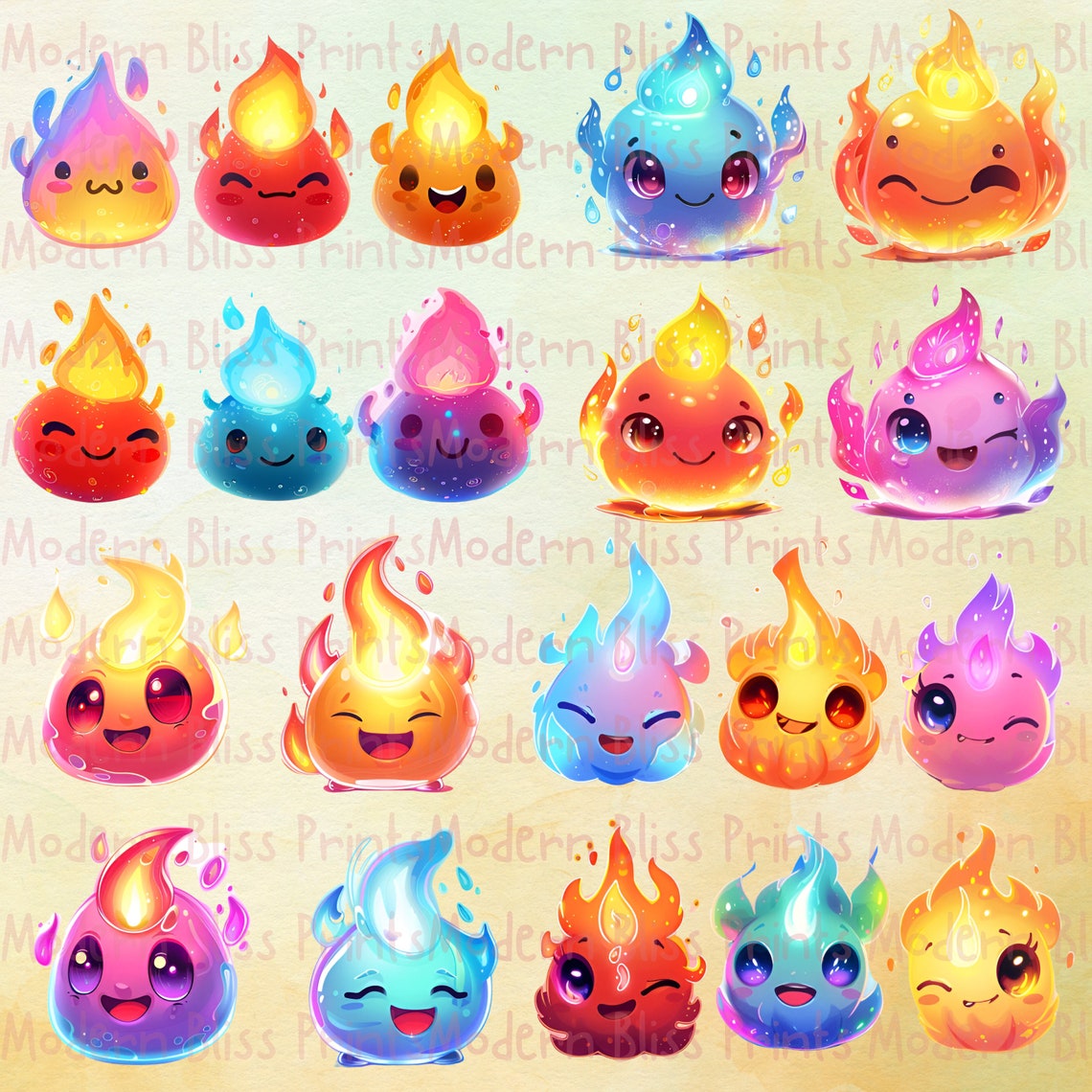Fire Clipart Bundle of 65, Cute Kawaii Fire Png, Flame Clipart Bundle ...