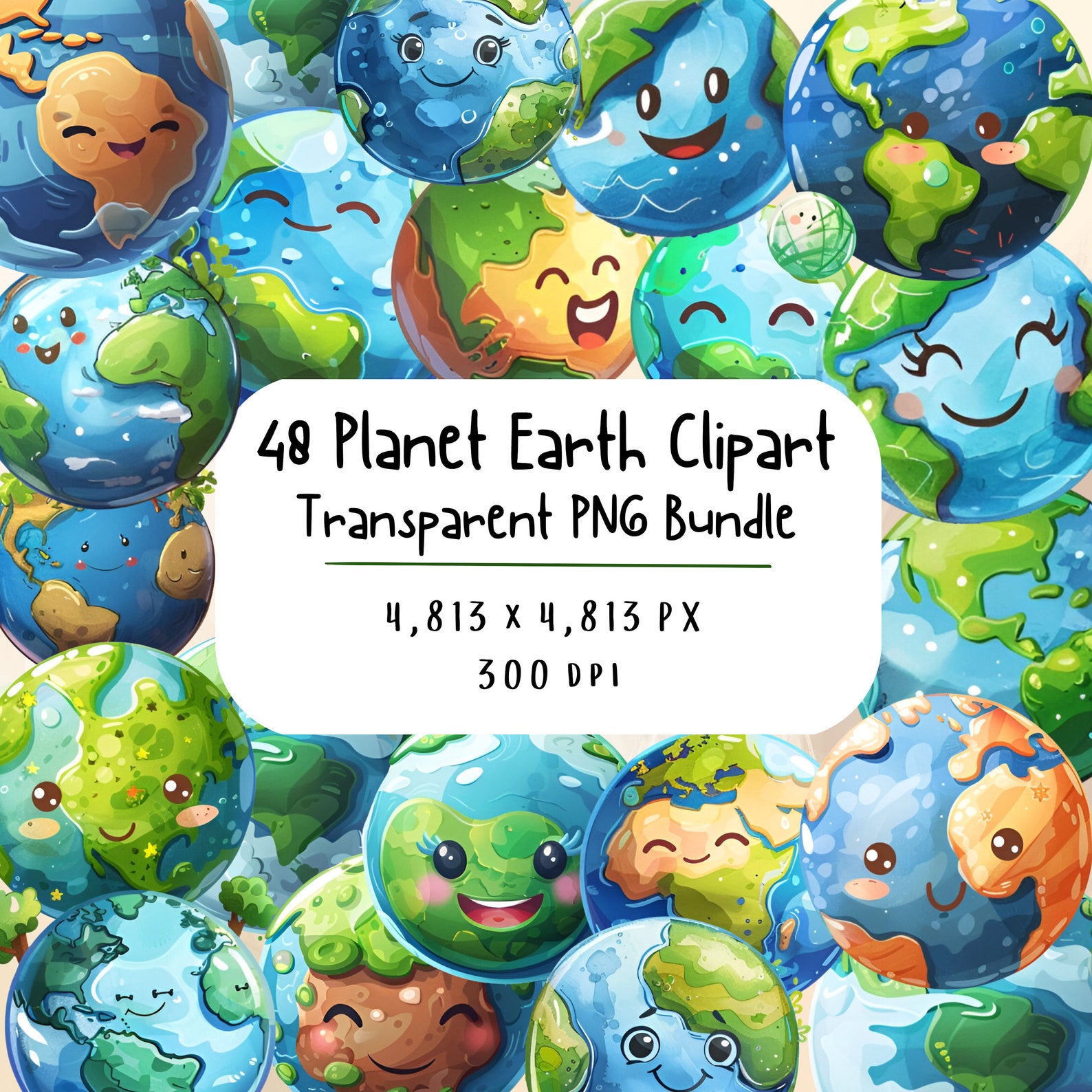 Planet Earth Clipart Bundle of 48, Earth PNG, Cute Earth Day Clipart ...