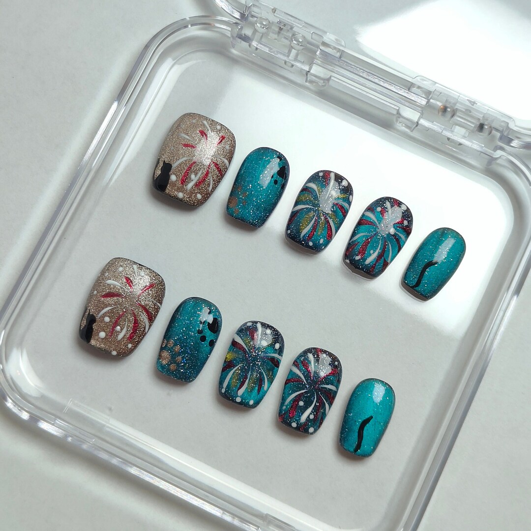 Black Cat Fireworks Hand Painted Press on Nails/cute Short Handmade ...