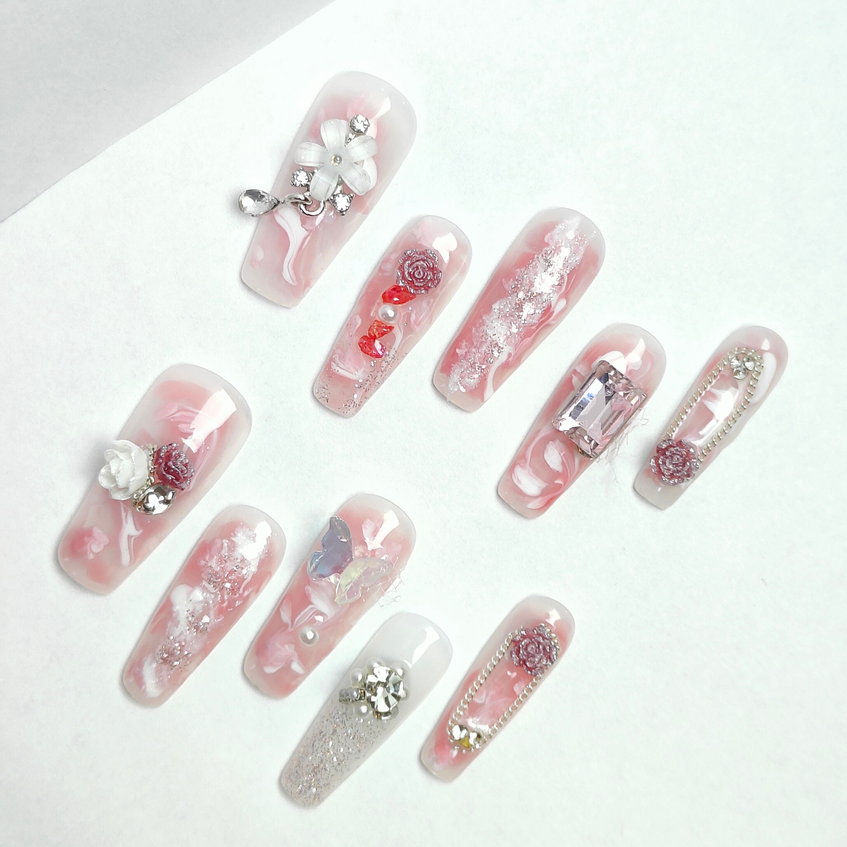 Spring Garden 3D Flower Acrylic Handmade Press on Nails Floral Nails 3D ...