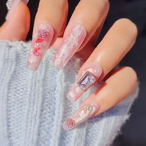 Spring Garden 3D Flower Acrylic Handmade Press on Nails Floral Nails 3D ...