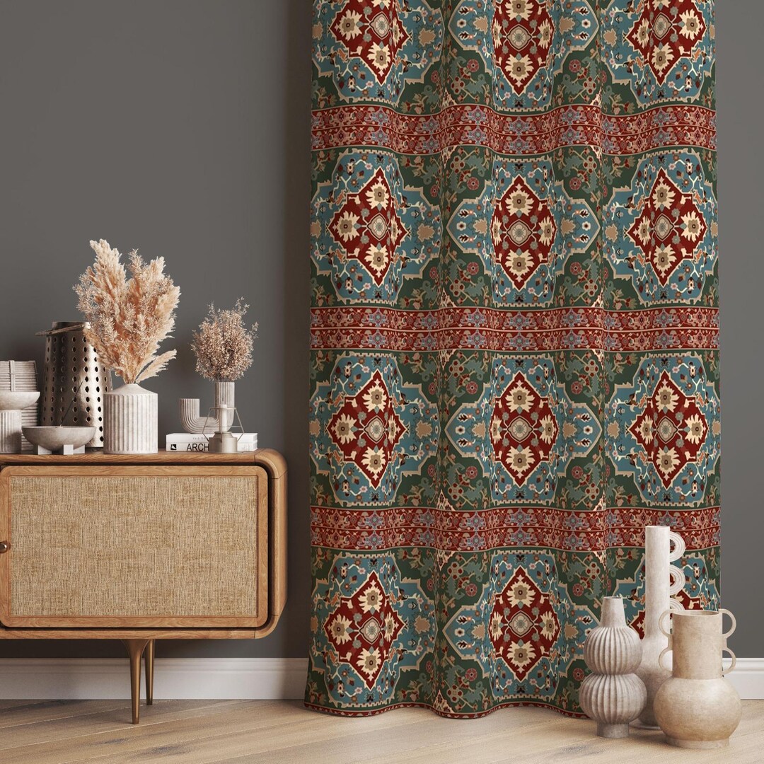 Persian Rug Inspired Geometric Curtains, Bohemian Geometric Window ...