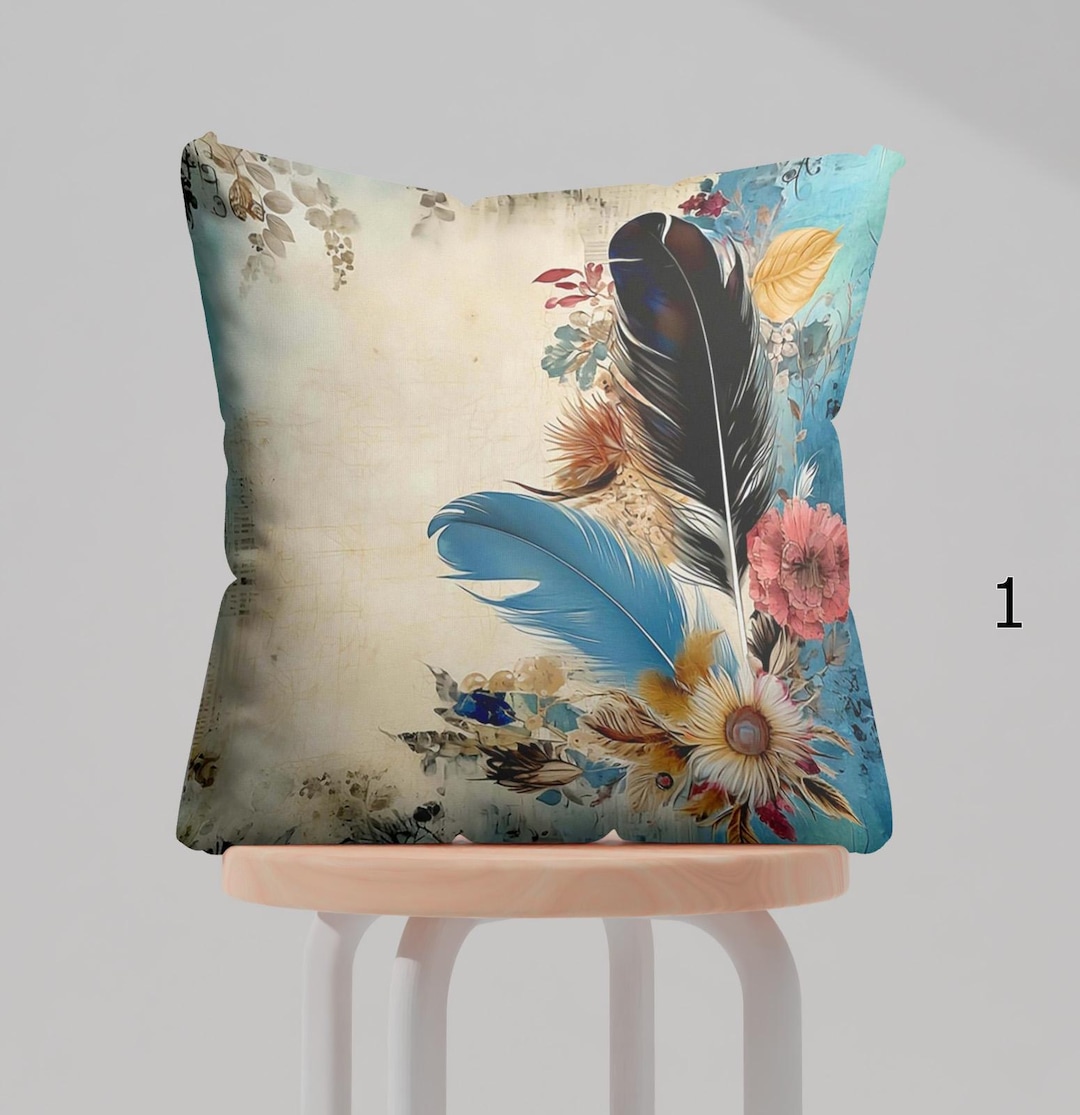 Blue & Black Feather Pillow Covers, Modern Feather Design Pillowcase ...