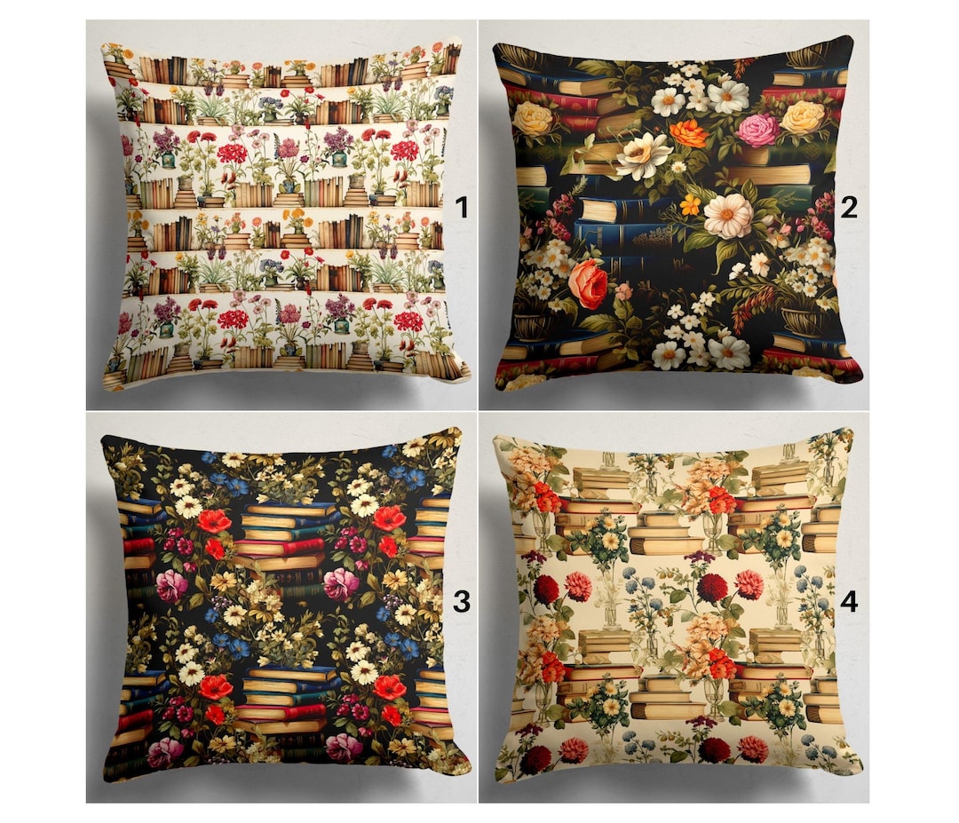 Floral Library Themed Cushion Covers, Vintage Book and Flower Pillow ...