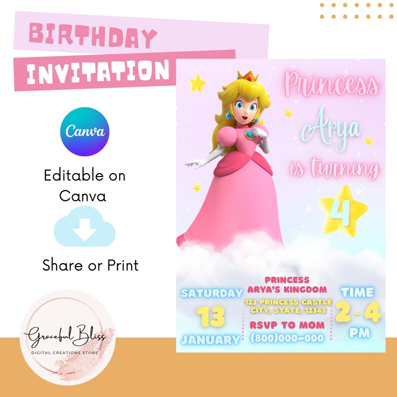 Editable Princess Peach Birthday Invitation Template - Etsy