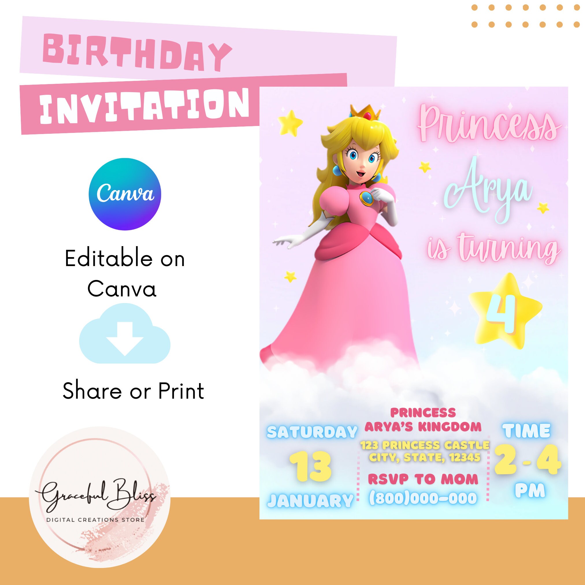 Editable Princess Peach Birthday Invitation Template - Etsy