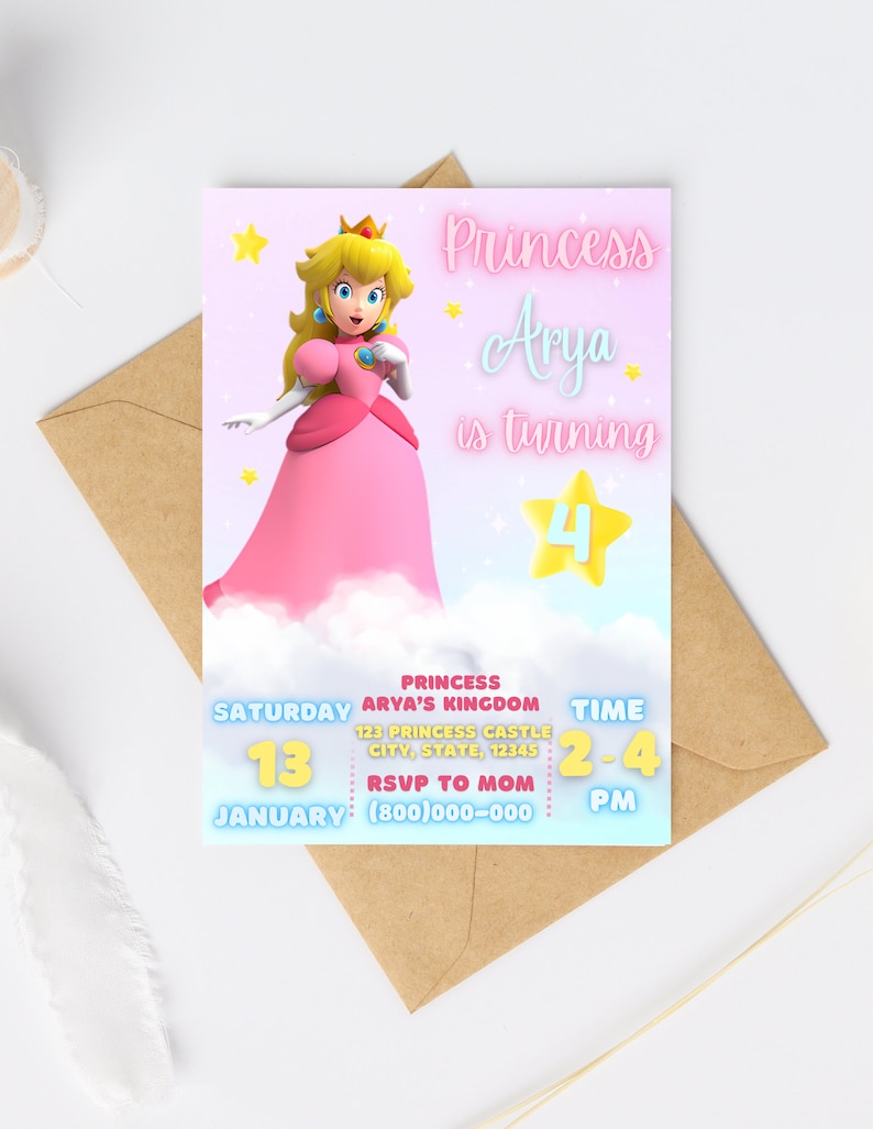 Editable Princess Peach Birthday Invitation Template - Etsy