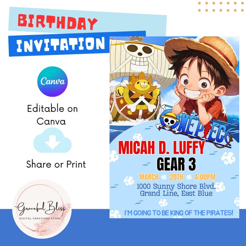 Editable One Piece Birthday Invitation Template - Etsy