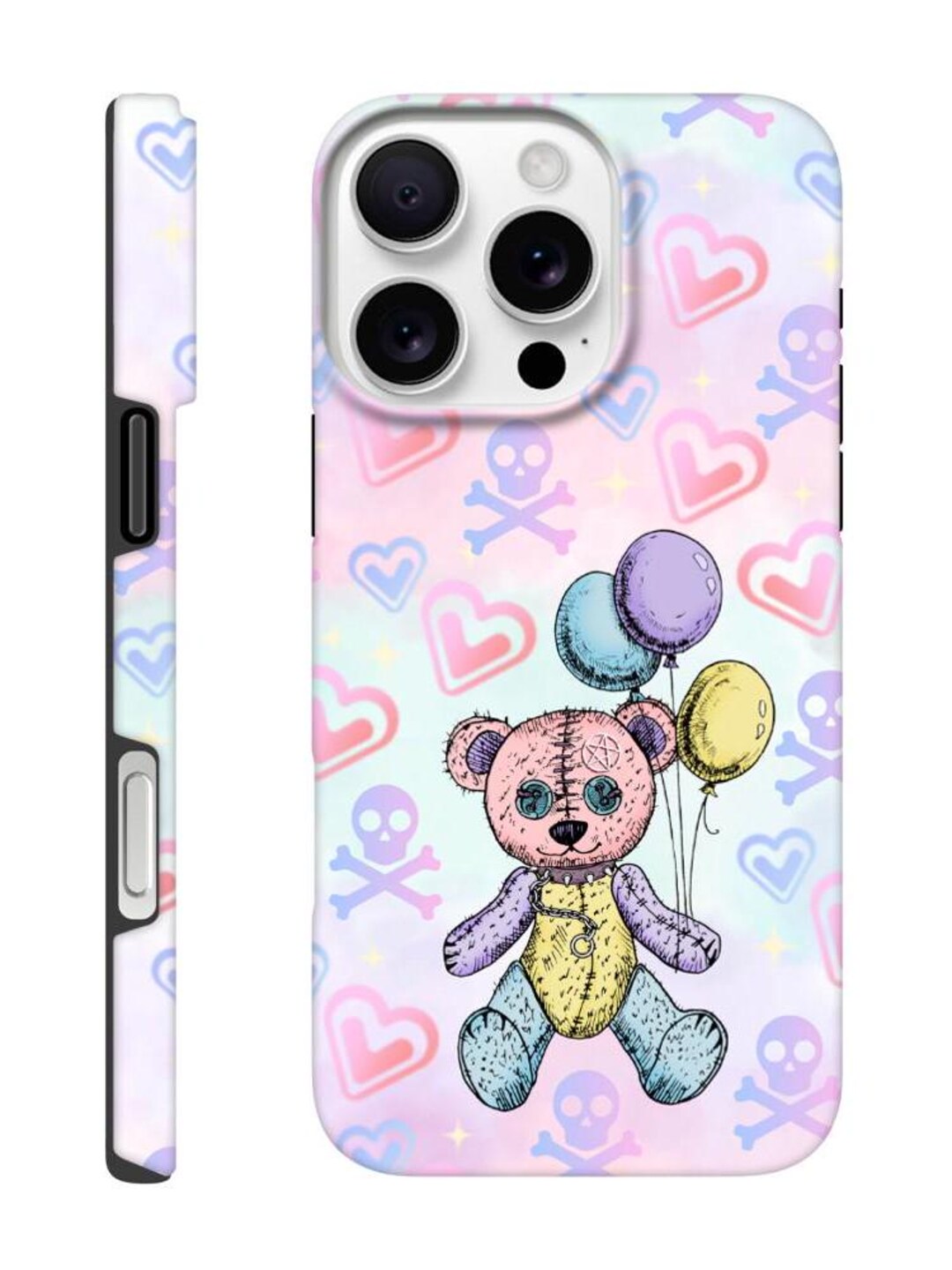 Pastel Goth Phone Case - Cute Skull and Crossbones, Hearts & Teddy Bear ...