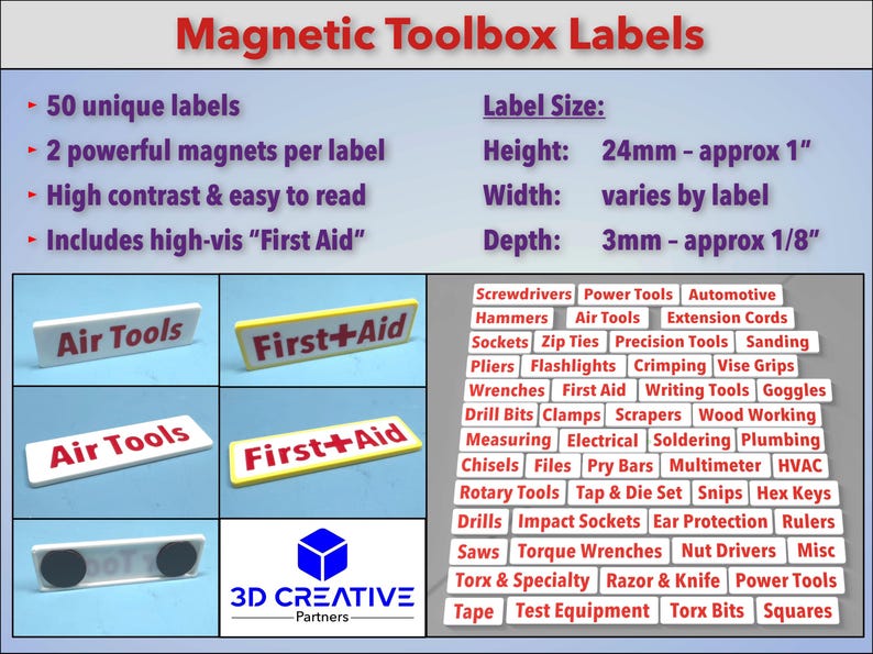 50 Magnetic Toolbox Labels – Strong Magnets, No Adhesive | 3D Printed ...