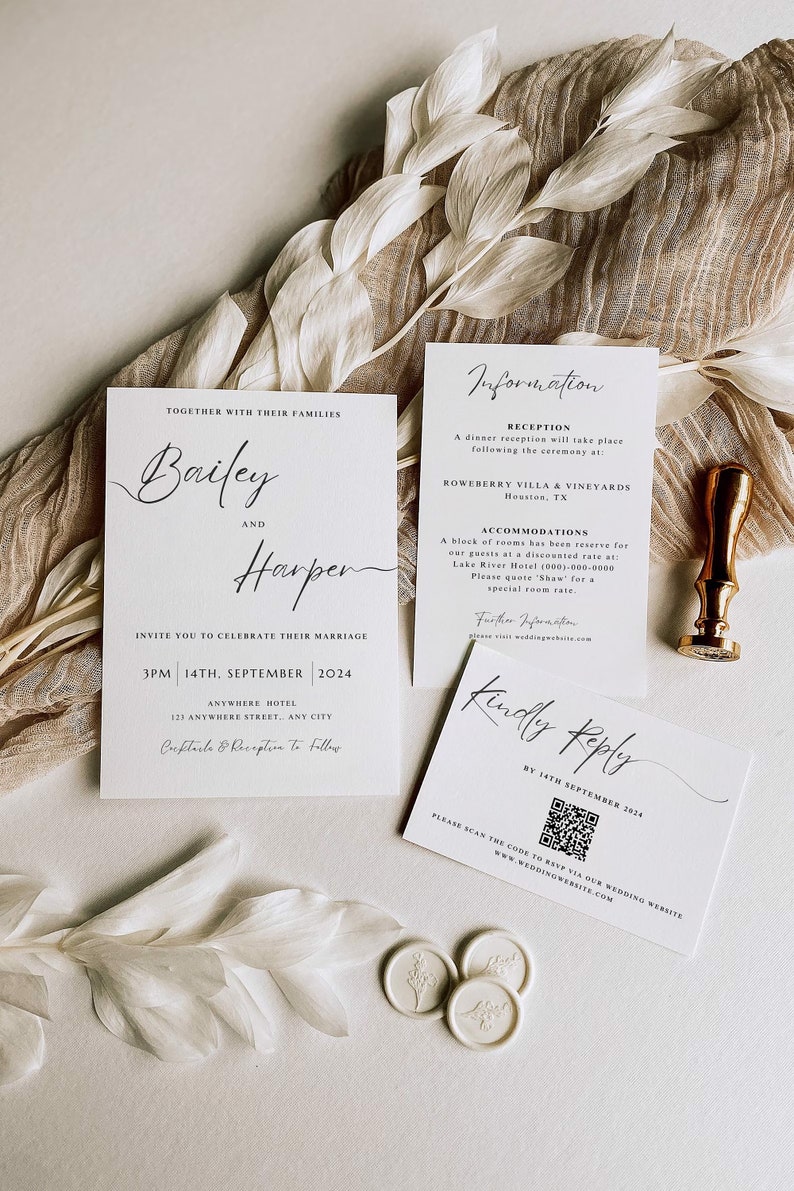 Minimalist Wedding Invitation Template Set, Modern Invite With QR Code ...