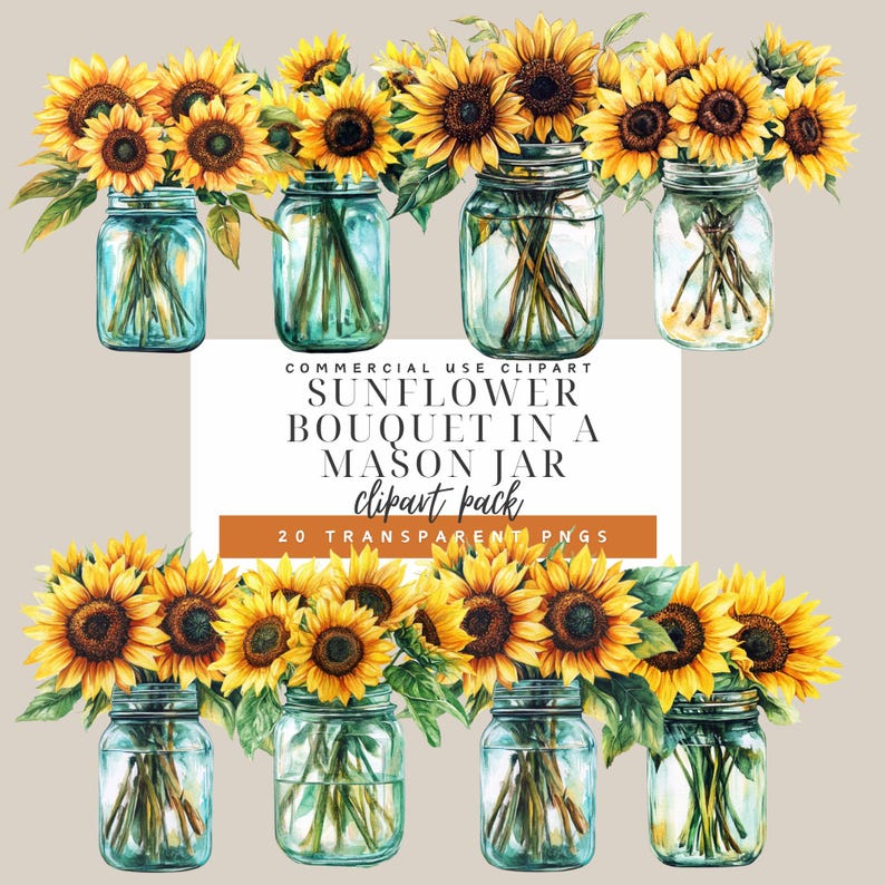 Sunflower Mason Jar Clipart PNG Bundle – Watercolor Sunflower Bouquet ...