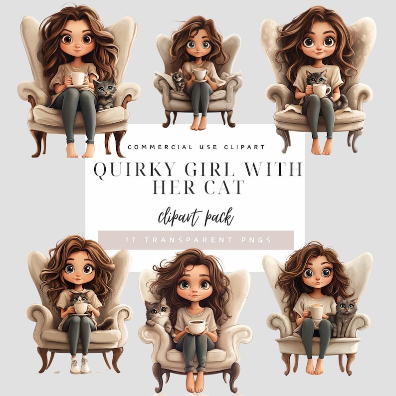 Quirky Girl With Her Cat Clipart Bundle, Cartoon, Big Eyes ...