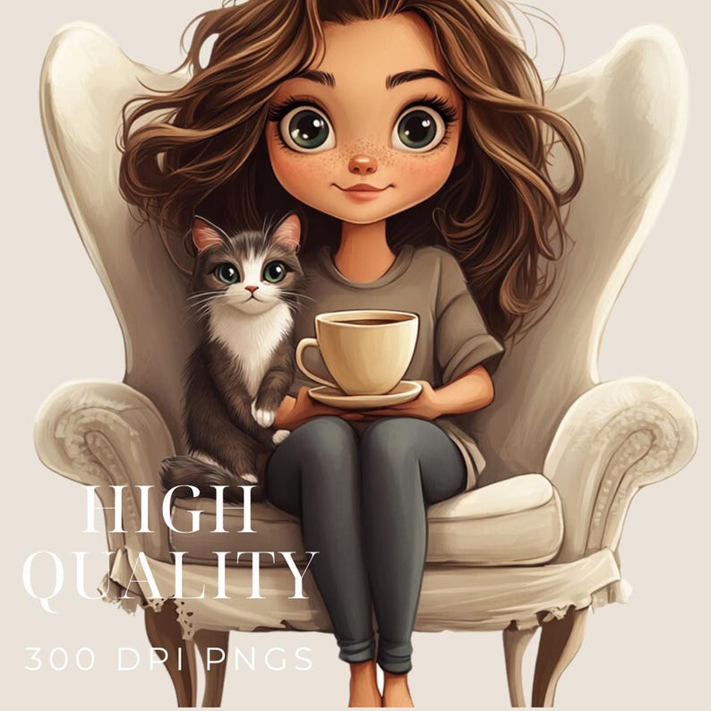 Quirky Girl With Her Cat Clipart Bundle, Cartoon, Big Eyes ...