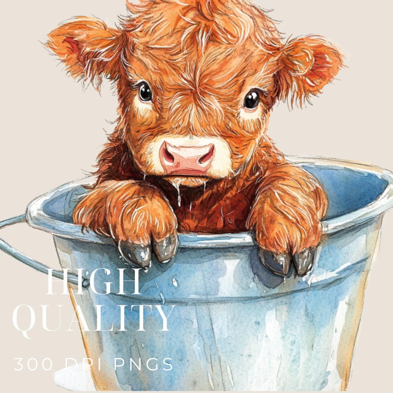 Highland Cow Calf Clipart PNG Bundle – Cute Baby Cow in Wash Tub ...