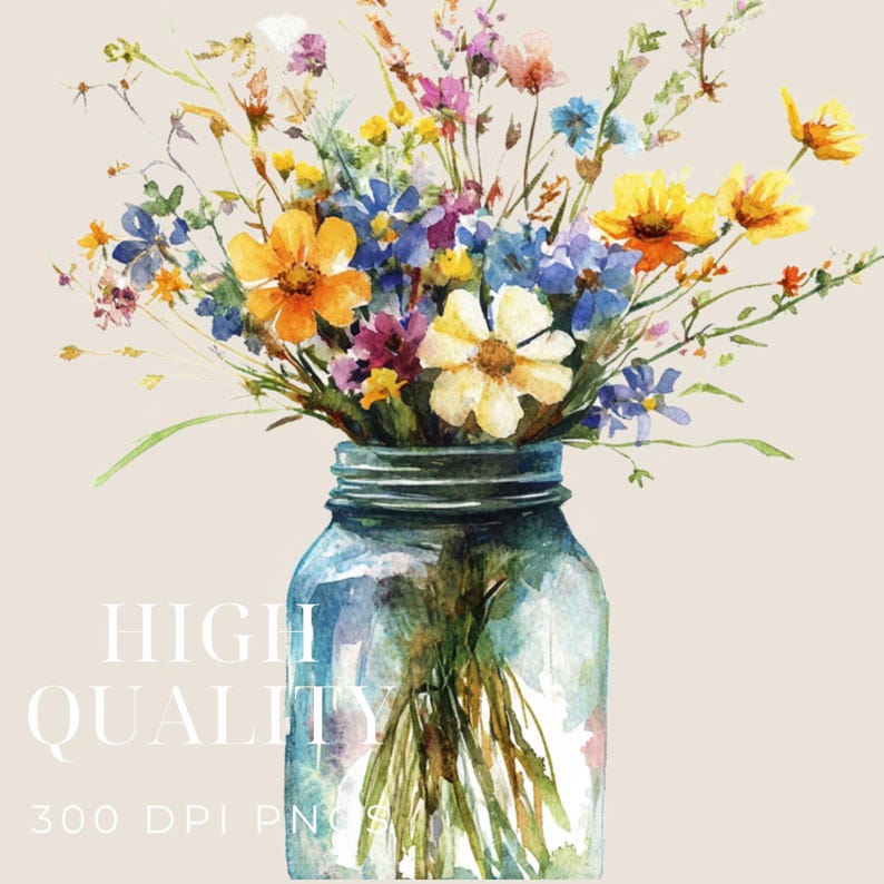 Watercolor Wildflower Clipart Bundle – Mason Jar Bouquet Pngs, Rustic ...