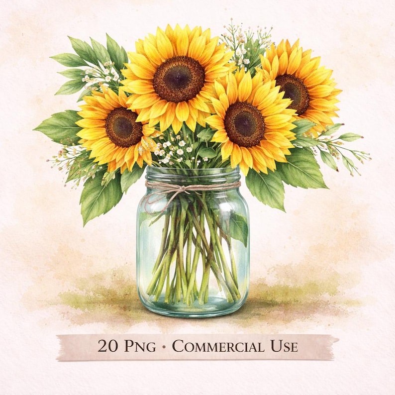 Sunflower Mason Jar Clipart PNG Bundle – Watercolor Sunflower Bouquet ...