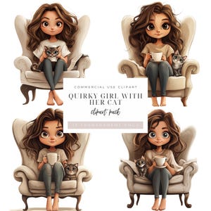 Quirky Girl With Her Cat Clipart Bundle, Cartoon, Big Eyes ...