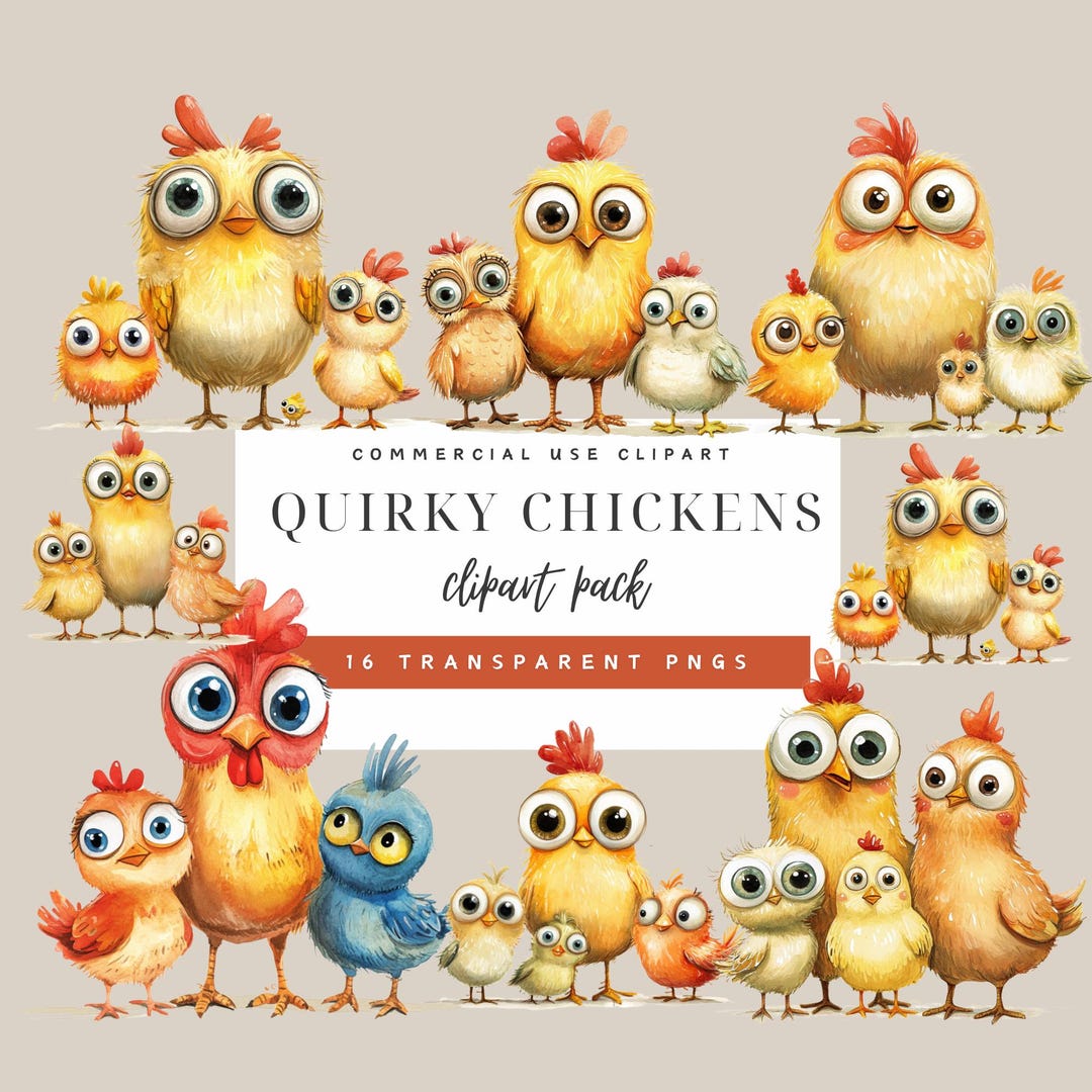 Quirky Chicken Families Clipart Bundle, Cartoon, Big Eyes, Illustration ...