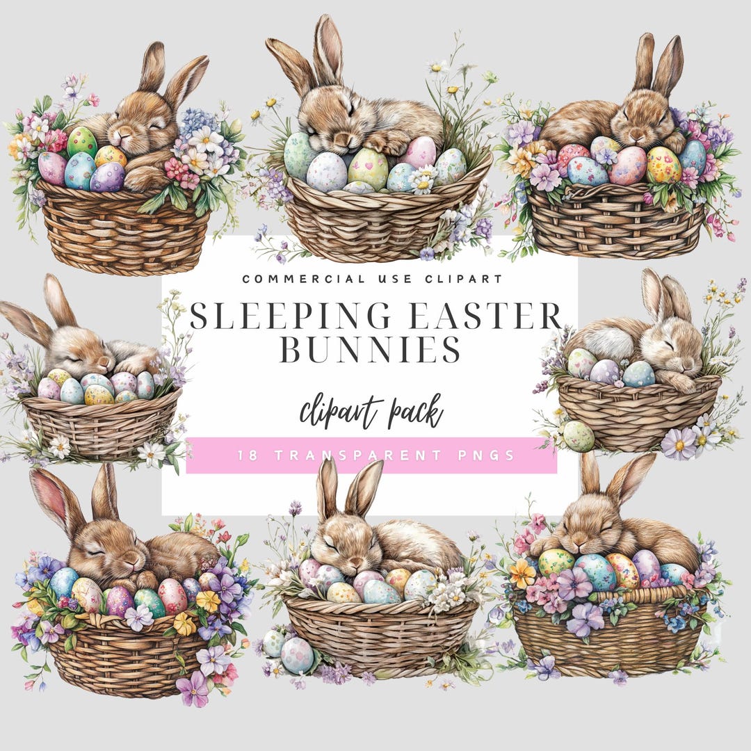Watercolor Sleeping Bunny Clipart: Easter Basket PNG Bundle (digital ...