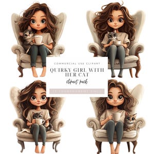 Quirky Girl With Her Cat Clipart Bundle, Cartoon, Big Eyes ...