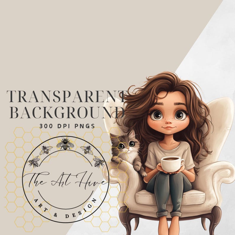 Quirky Girl With Her Cat Clipart Bundle, Cartoon, Big Eyes ...