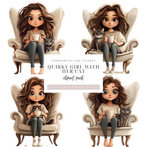 Quirky Girl With Her Cat Clipart Bundle, Cartoon, Big Eyes ...