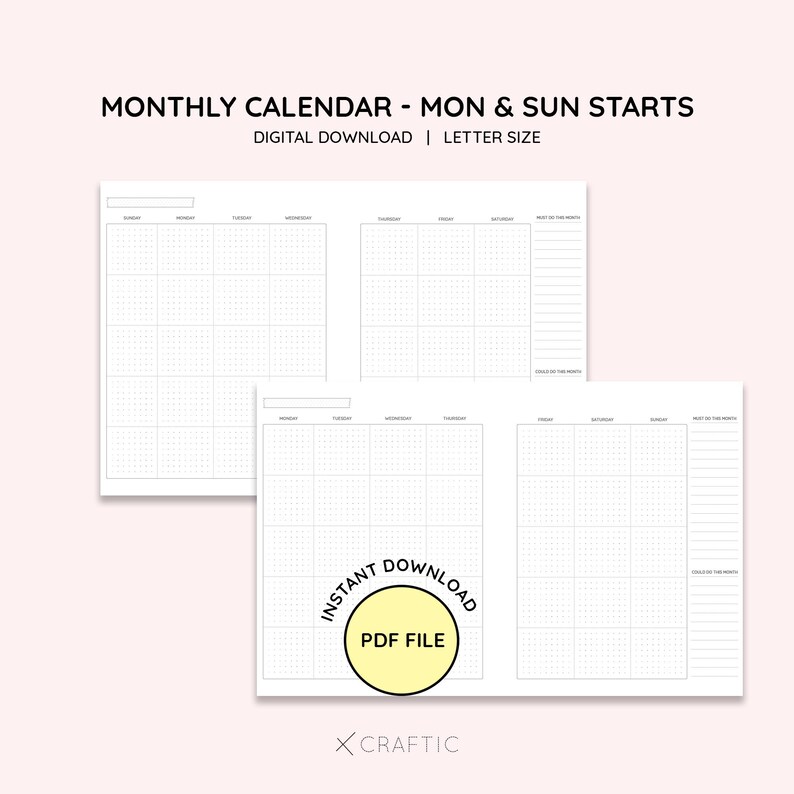Printable Monthly Calendar Letter Size Planner Pages - Monday & Sunday ...