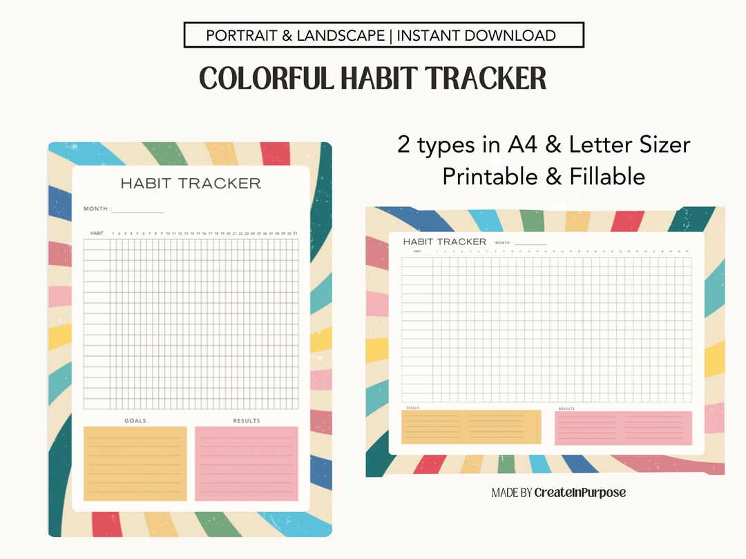 Colorful Monthly Habit Tracker. Printable Portrait & Landscape, A4 ...