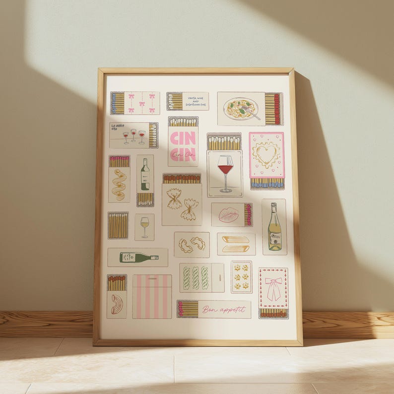 Pasta & Wine Matchbox Art Print, Printable Italian Kitchen Decor - Etsy