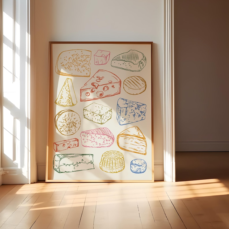 Cheese Print, Colorful Food Line Art, Modern Bistro Kitchen Wall Decor ...