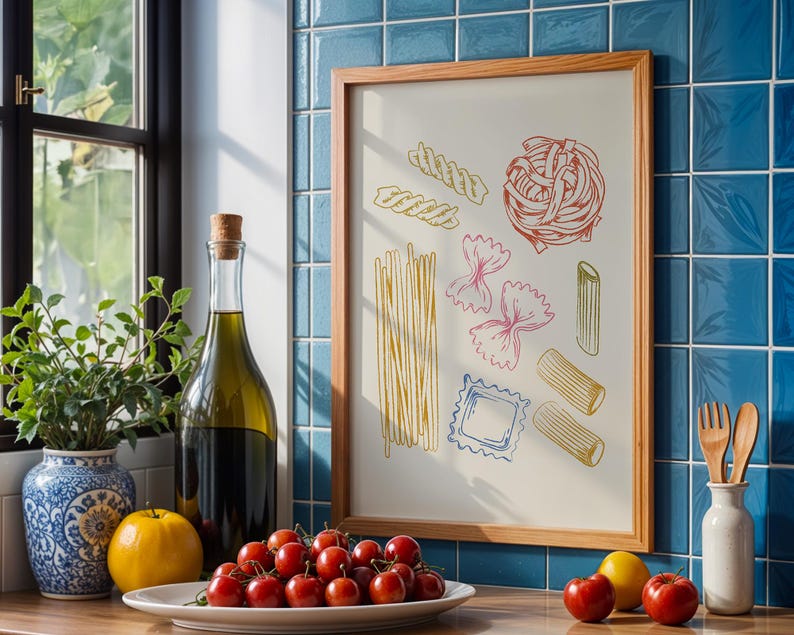 Pasta Illustration for Pasta Lovers, Kitchen Pasta Print, Italian Food ...