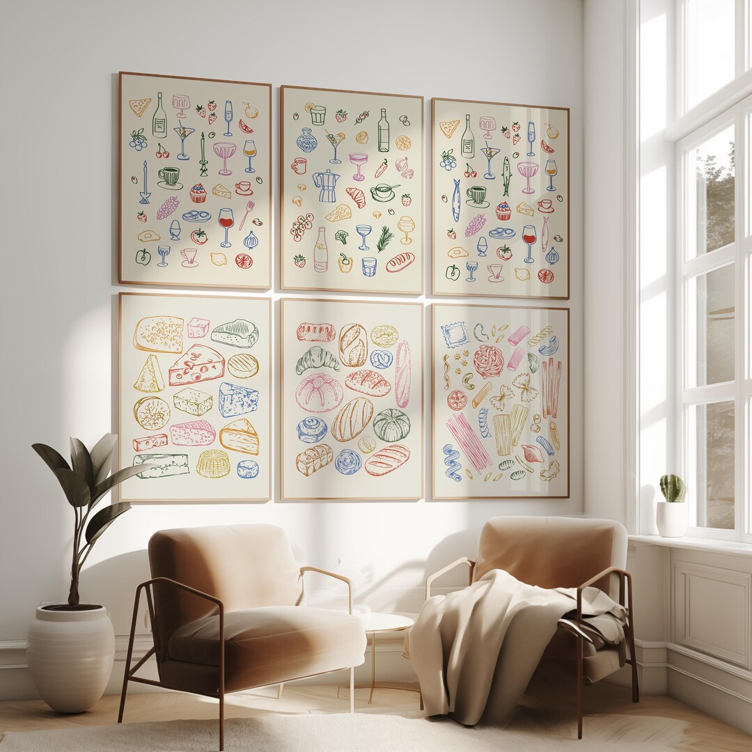 Printable Kitchen Prints Wall Art, Set of 6, Hand Drawn Cocktail Drinks ...