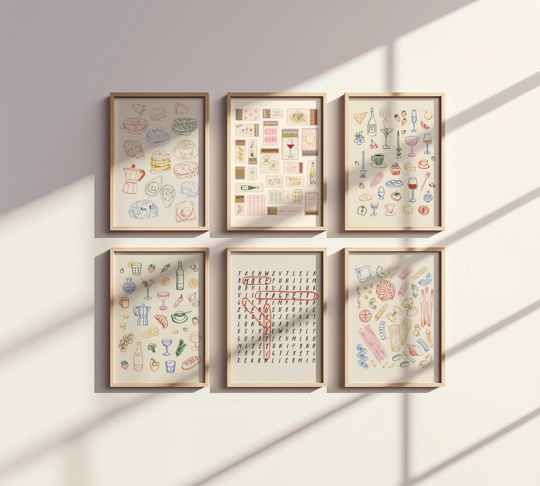 Printable Kitchen Prints Gallery Wall Art Set of 6, Hand Drawn Cocktail ...