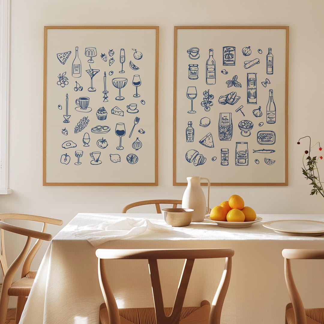 Kitchen Wall Art Set — Navy Blue Food and Drink Sketch With Italian ...