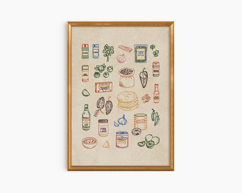 Mexican Pantry Printable Wall Art, Whimsical Hand Drawn Taco Bar ...