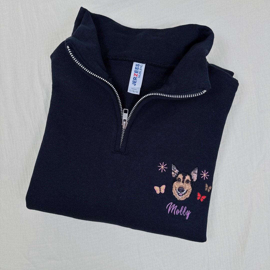 Custom Embroidered Pet Quarter Zip: Dog or Cat Portrait Sweatshirt - Etsy