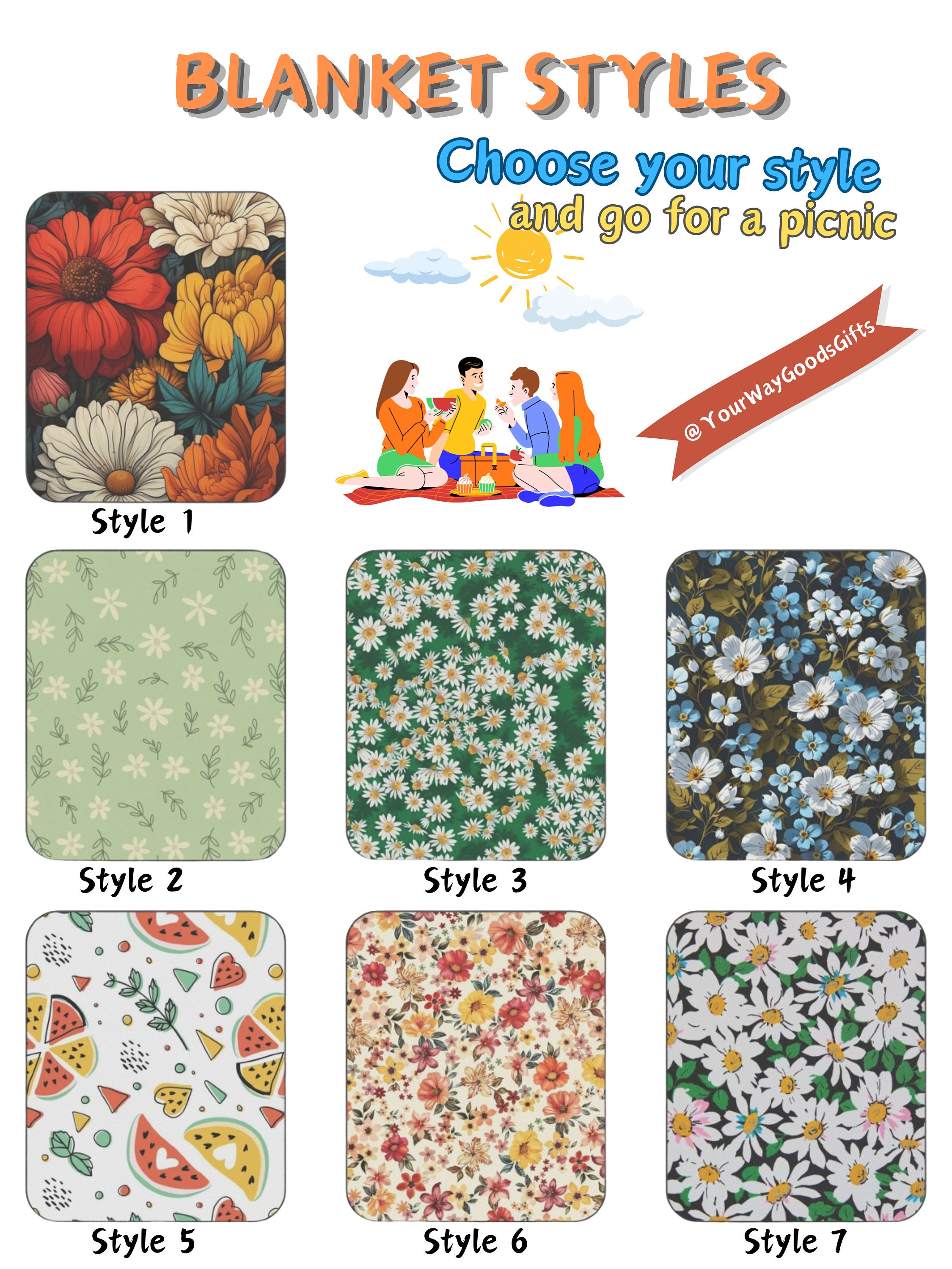 Waterproof Picnic Flower Pattern Blankets Personalized Picnic Blanket ...