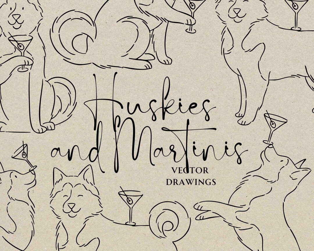 Hand Drawn Huskies and Martini SVG PNG, Siberian Husky Bar Cart Art ...