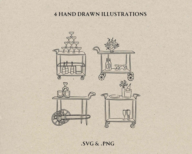 Hand Drawn Bar Cart Doodle SVG PNG, Whimsical Bar Cart Clipart, DIY ...