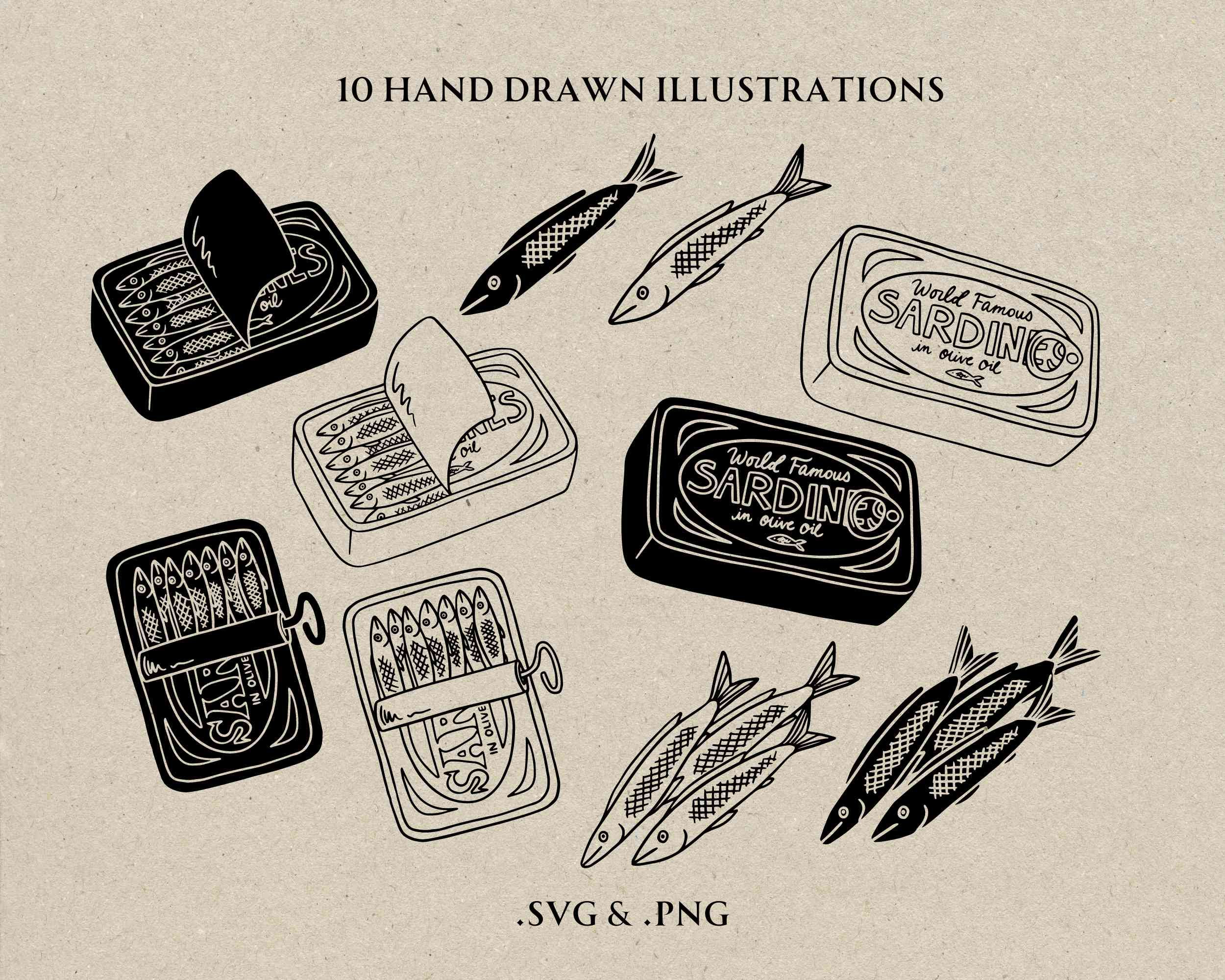Sardine SVG PNG, Tinned Fish Drawing Vector Files, Seafood Brunch ...