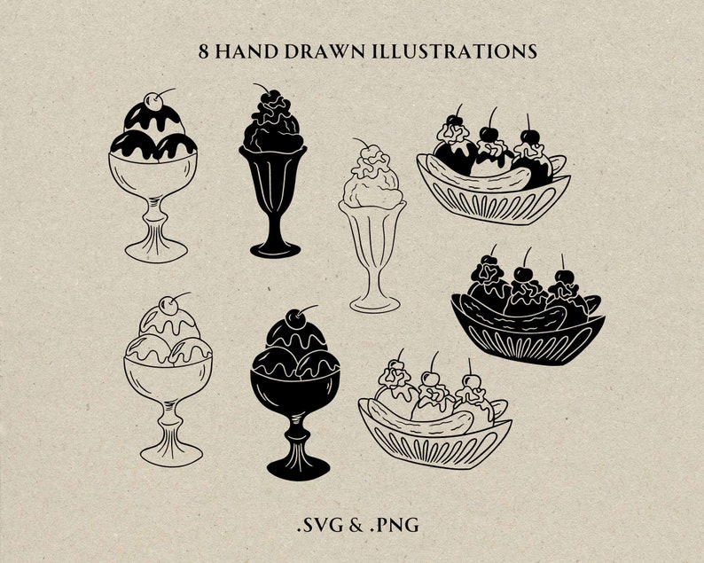 Ice Cream Sundae Illustration SVG PNG, Hand Drawn Milkshake Clip Art ...