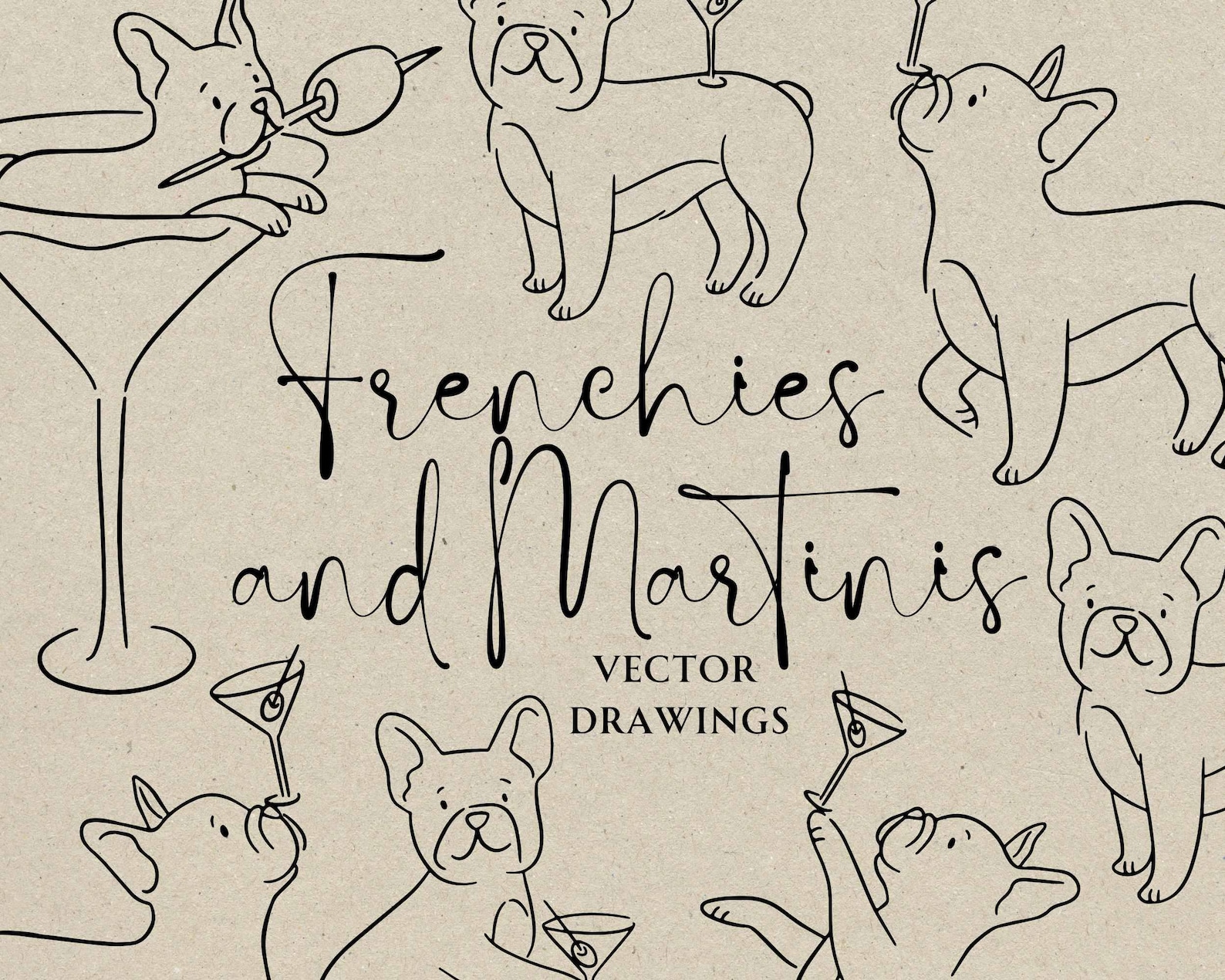 Hand Drawn Frenchie Doodle SVG PNG, Dog and Martini Clipart, Whimsical ...