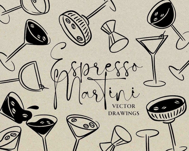 Espresso Martini Illustration Bundle SVG PNG, Hand Drawn Signature Cocktail, Drink Clipart Icon ...