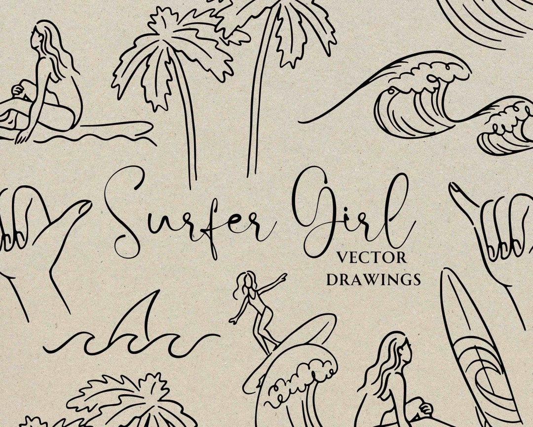 Hand Drawn Surfer Girl SVG PNG, Whimsical Coastal Doodle Outline, Beach ...