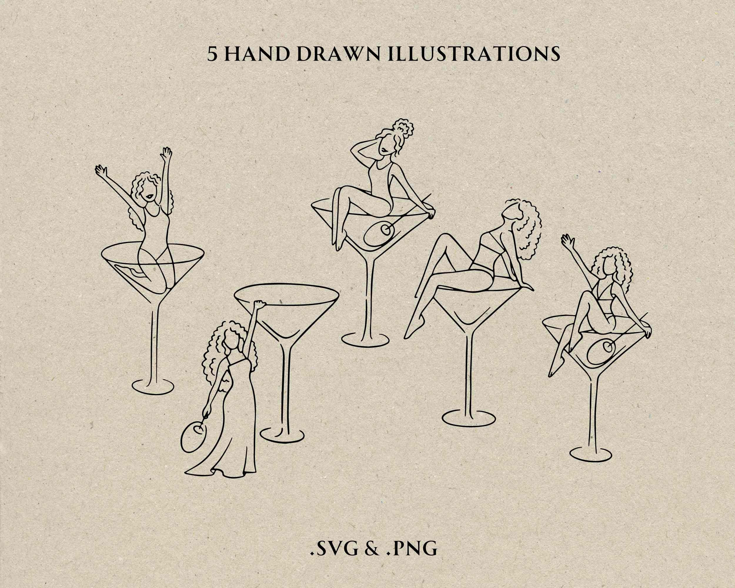 Hand Drawn Martini Lady SVG PNG, Cocktail Girl Clipart, Whimsical DIY ...