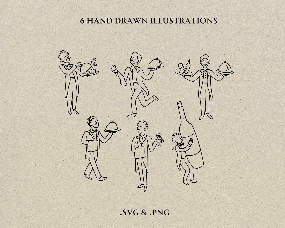 Hand Drawn Waiter SVG PNG Icons, Whimsical Doodle Italian Server ...