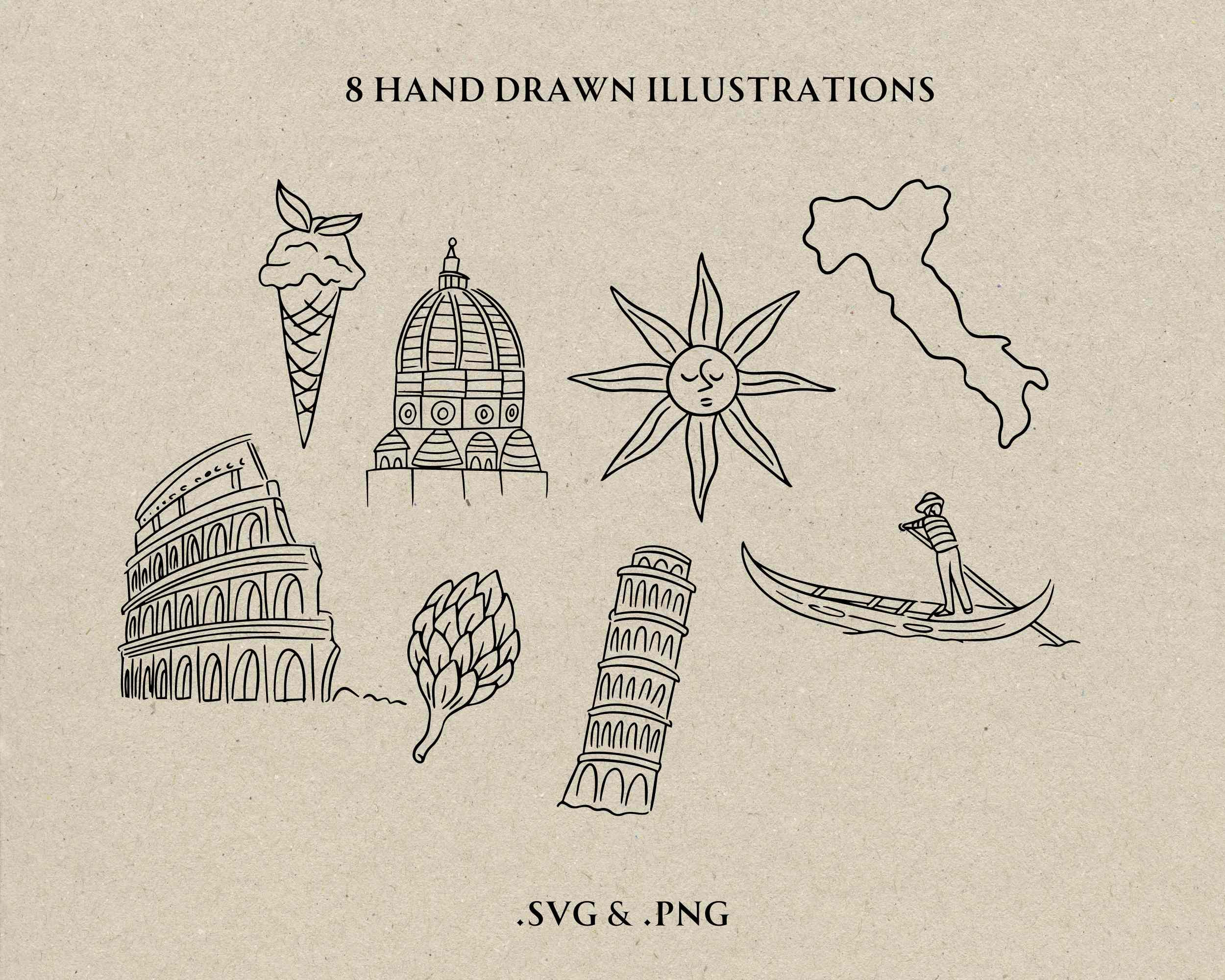 Hand Drawn Italy Doodle SVG PNG, Whimsical Mediterranean Vacation ...